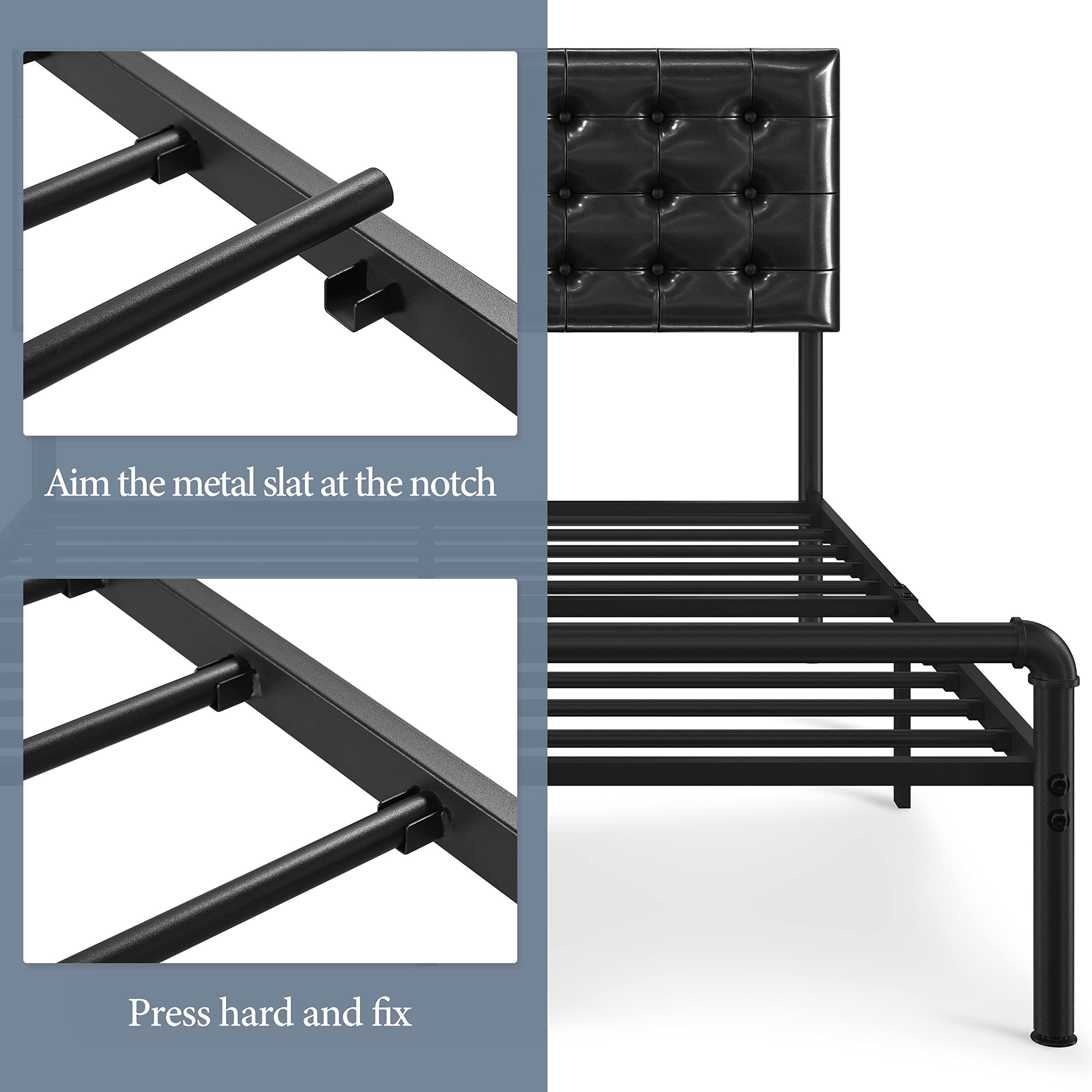 Yaheetech Full Bed Frame Metal Platform Bed with Faux Leather Height-Adjustable Headboard, 12 Inch Underbed Storage/Noise Free/No Box Spring Needed/Industrial Pipe Foot End, Elegant Brown Full Bed