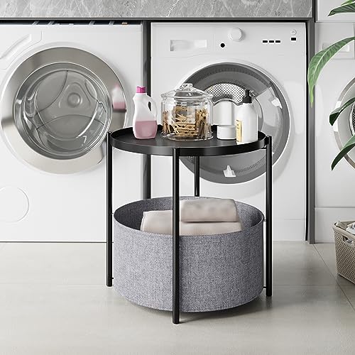 Fixwal End Tables with Fabric Storage Basket, SideTables Bedroom, Metal Small Bedside Table Nightstand with Removable Tray for Living Room, Nursery, Laundry, Black Nightstand