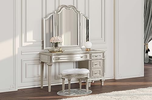 Coaster Home Furnishings Evangeline Oval Vanity Stool with Faux Diamond Trim Silver and Ivory