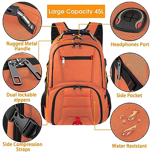 Extra Large 50L Travel Laptop Backpack, Computer bag Backbag with USB Charging Port, TSA Friendly Durable Big RFID Heavy Duty Business Tech Backpack Fits 17 Inch Laptops for Men Women, Orange