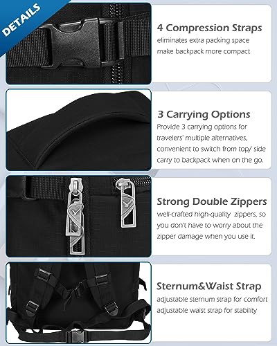 Hynes Eagle Travel Backpack 40L Flight Approved Carry on Backpack Men Large Cabin Weekender Laptop Backpack Women 15.6 inches Black with 3PCS Packing Cubes Set Black