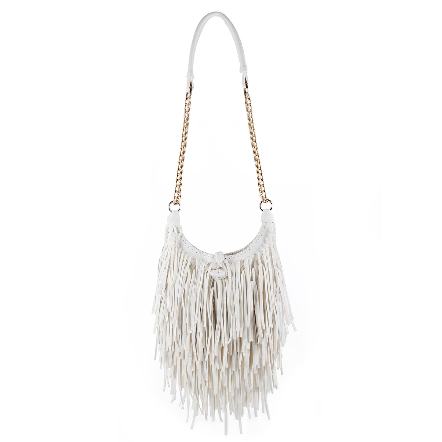 LUI SUI Women's Fringed Faux Suede Leather Cross Body Bag Chain Shoulder Bag Tassel Handbag (White)