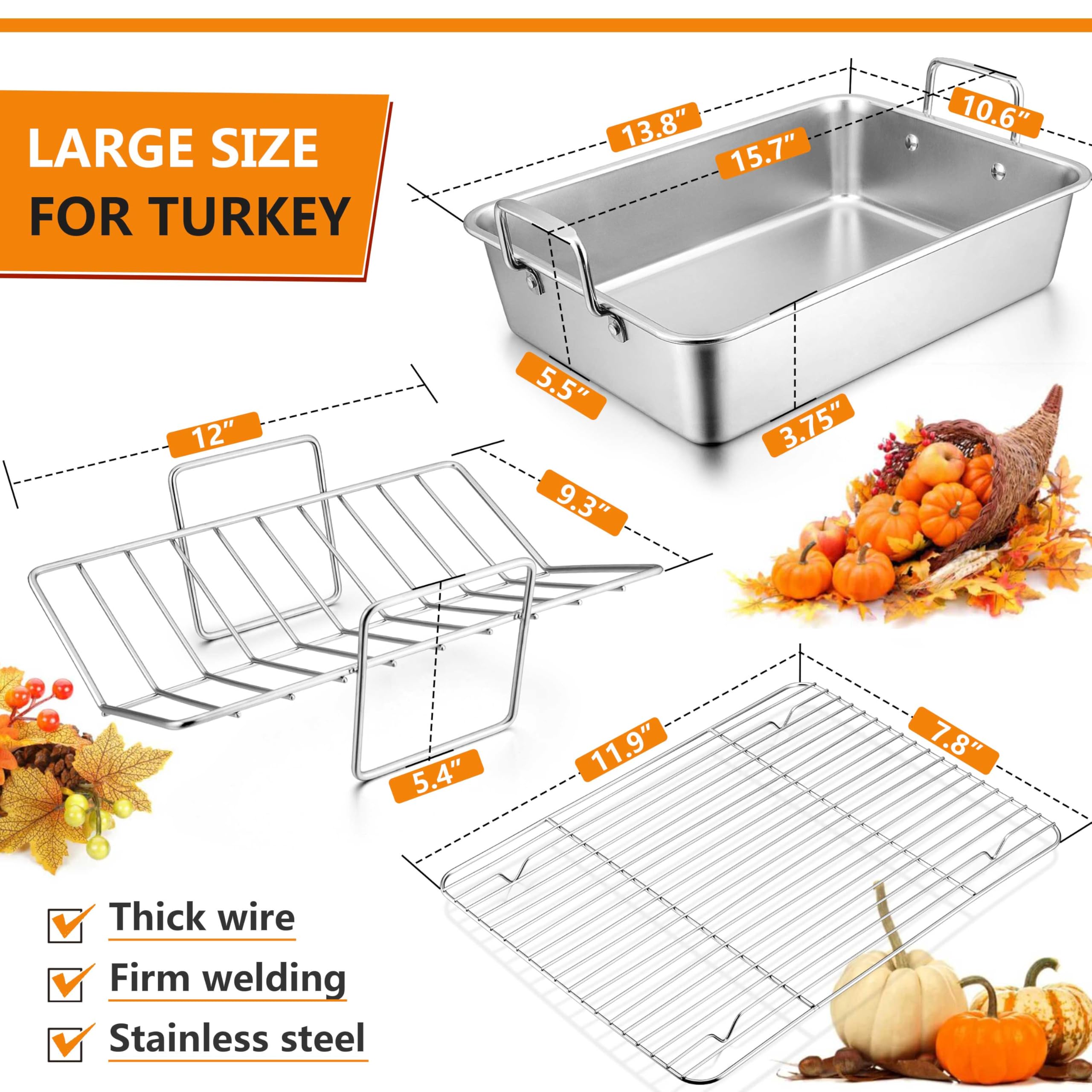 LIANYU Roasting Pan, 14 Inch Turkey Roaster Pan with 2 Racks, Heavy Duty Stainless Steel Lasagna, Pan, Deep Broiling Pan for Turkey, Chicken, Dishwasher Safe