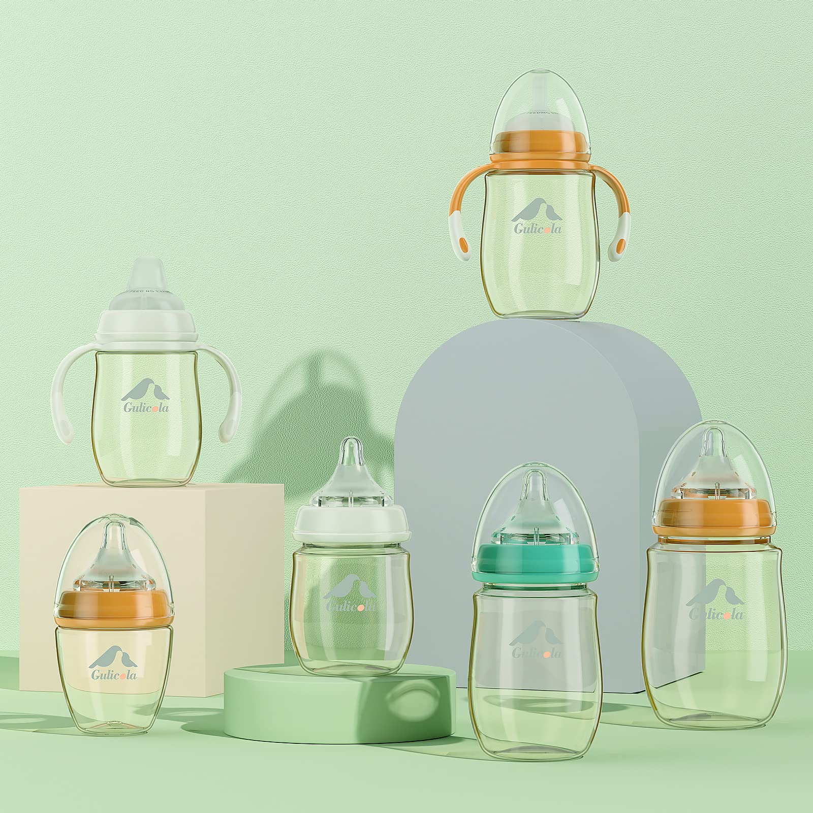 Gulicola PPSU Baby Bottles for Breastfeeding Babies with Storage Cap, Anti-Colic, Medium Flow, 3 Months+, 5 oz, 2 Count (Grey White)