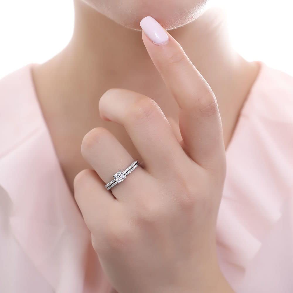 BERRICLE Sterling Silver Solitaire Wedding Engagement Rings 0.6 Carat Cushion Cut Cubic Zirconia CZ Ring Set for Women, Rhodium Plated Size 8