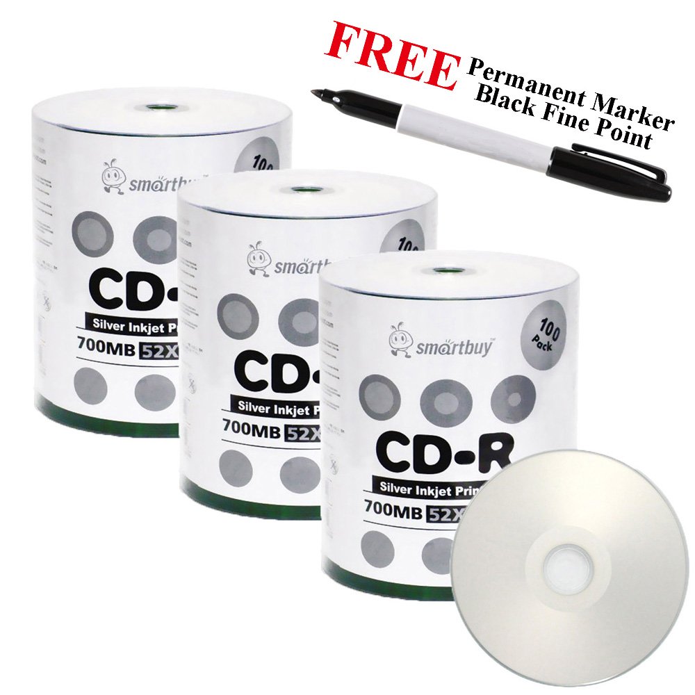 Smartbuy 300-disc 700mb/80min 52x CD-R Silver Inkjet Hub Printable Blank Media Disc + Black Permanent Marker