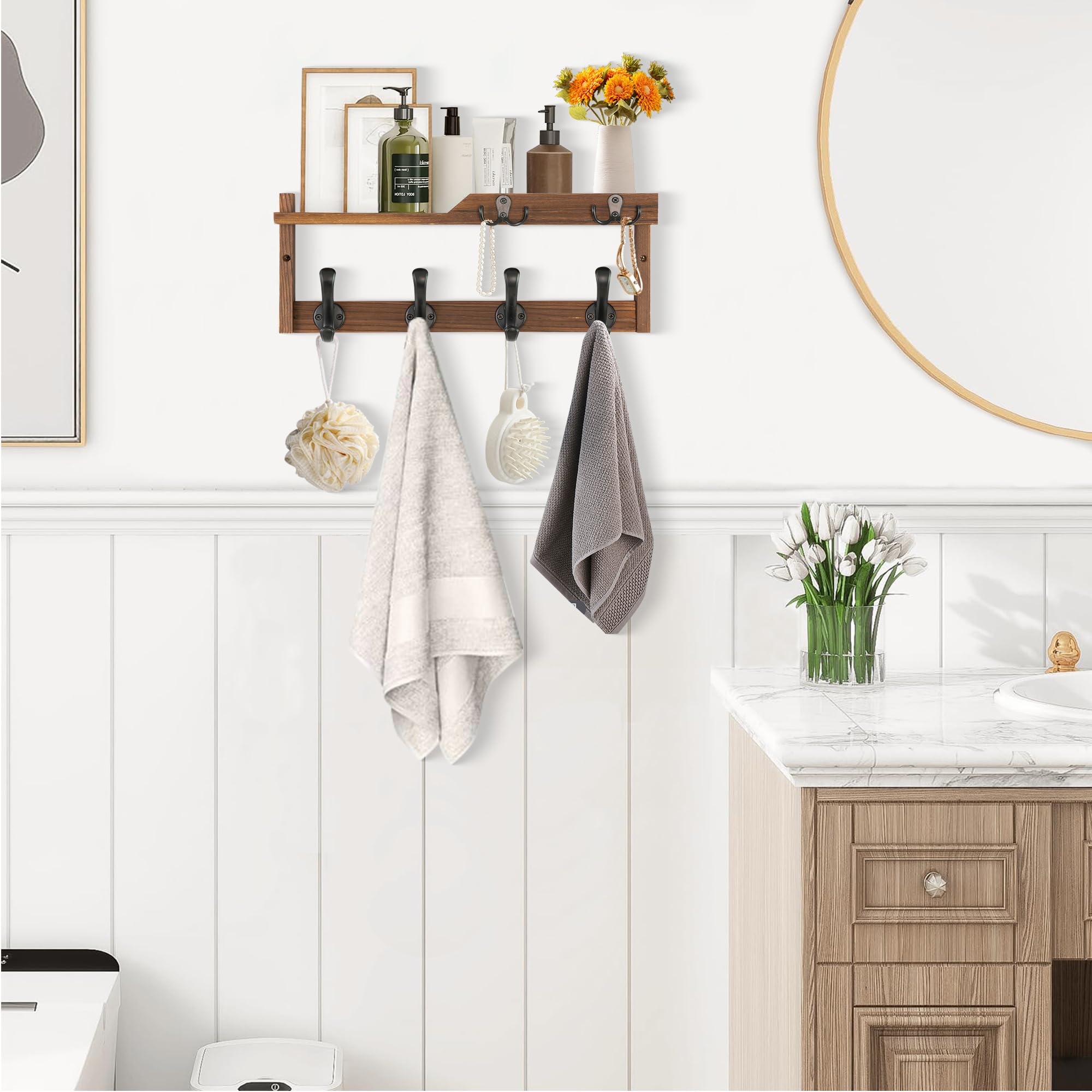 Coat Rack Wall Mount with Shelf, Coat Hanger Wall Mount with Key Hooks and Mail Holder, Wood Entryway Wall Floating Shelf with Hooks and Storage, Hat Rack for Wall Key Holder Mail Organizer