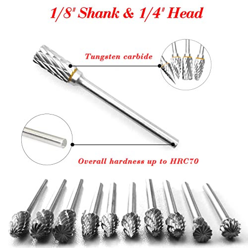Carbide Rotary Burr Set - BIGOU 10PCS Double Cut Carving Burr Bits Tungsten Carbide 1/8" Shank 1/4" Grinding Head for DIY Carving Metal Polishing Engraving Drilling