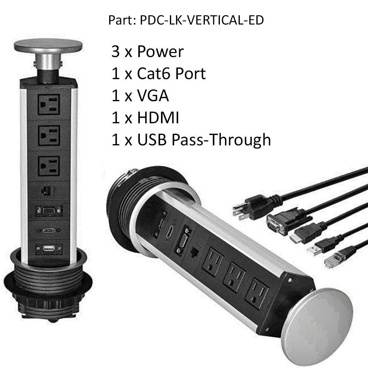Vertical Tabletop Power, Video and Data Center - 3 Power, 1 CAT6 RJ45, 1 VGA, 1 HDMI, 1 USB Passthrough