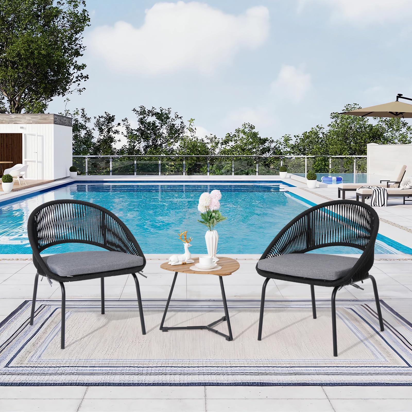 COBANA 3 Piece Patio Bistro Set, Outdoor Woven Rope Conversation Balcony Furniture Set with Wood Coffee Table and Cushioned Chairs for Garden, Backyard, Deck, Poolside, Black