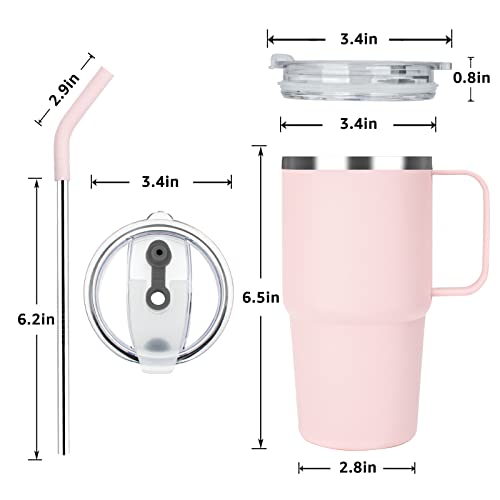 Sursip 24 oz Insulated Cup with Handle, Double Wall Vacuum Stainless Steel Tumbler with Straw and 2 Lids, For Cold/Hot Drinks, Coffee Travel Mug for Car/Home/Office/Party/Camping (Pink-1 Pack)