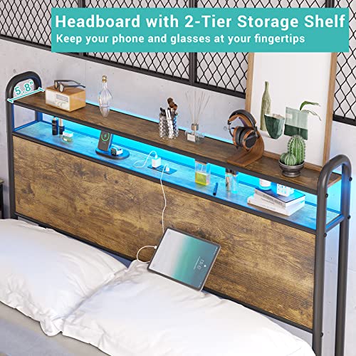DICTAC Queen Bed Frame with Storage Headboard and Charging Station Led Bed Frame Queen Size with Headboard Storage,Metal Platform Bed Frame with LED Lights,No Box Spring Needed,Rustic Brown
