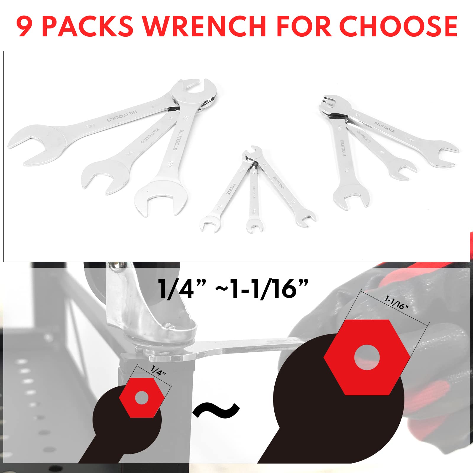 BILITOOLS Super Thin Open End Wrench Set, 9 Piece SAE 1/4 to 1-1/16 inch, CR-V Steel, HRC 40-45