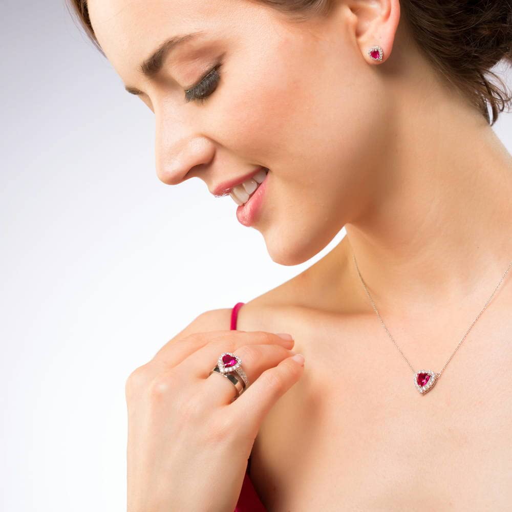 BERRICLE Sterling Silver Halo Wedding Engagement Rings Simulated Ruby Cubic Zirconia CZ Statement Heart Ring Set for Women, Rhodium Plated Size 8