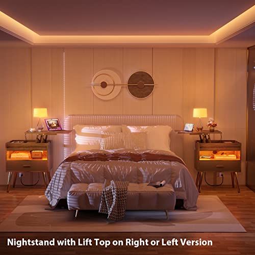 Cyclysio 35 Inches Nightstand with Reversible Lift Top, Large Night Stand with LED Lights, Tall Bedside Table with Charging Station, High End Side Table for Bedroom, Sofa Side, Living Room, Grey