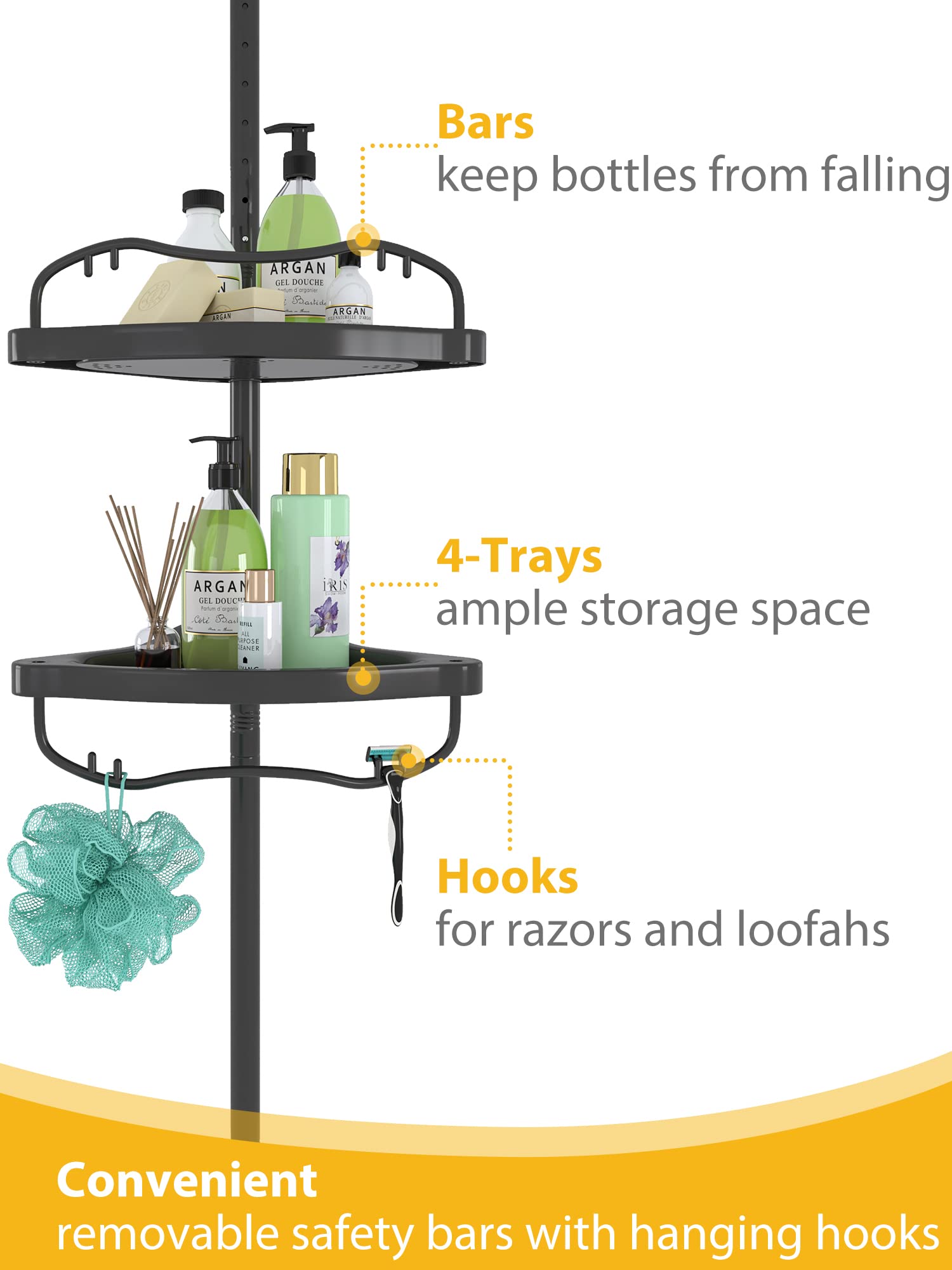 Corner Shower Caddy Organizer with Tension Pole, Adjustable Rustproof Shower Caddy with 4 Tier Shelf for Bathroom Bathtub Tub Shampoo Accessories - 38 to 116 inch Height, Black