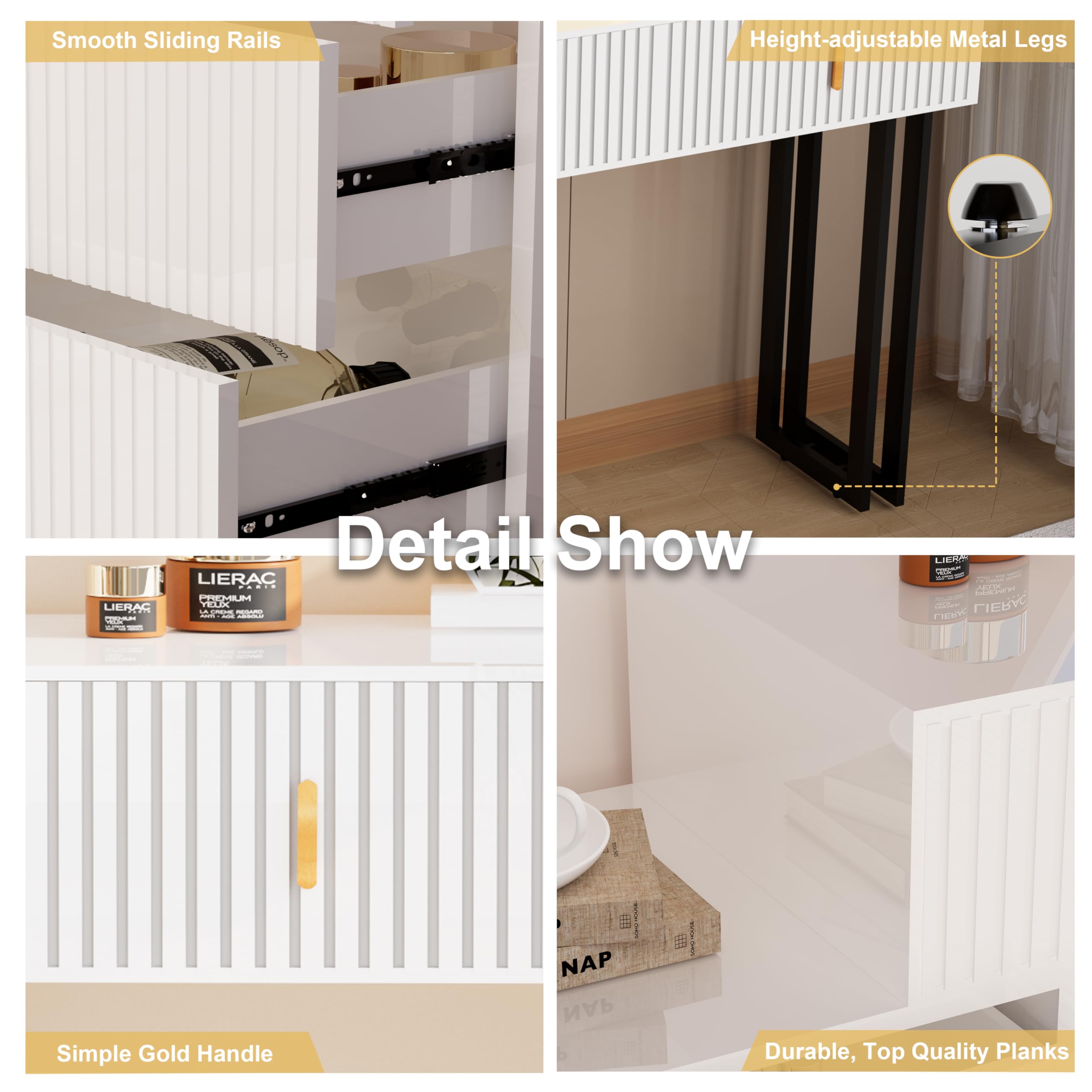 Chilihom Vanity Desk with Mirror and Lights, Dressing Table Vanity Set with 5 Drawers, Makeup Vanity Table with 3 Lighting Modes, Retractable Makeup Desk Vanity with Storage, Cloud Mirror White