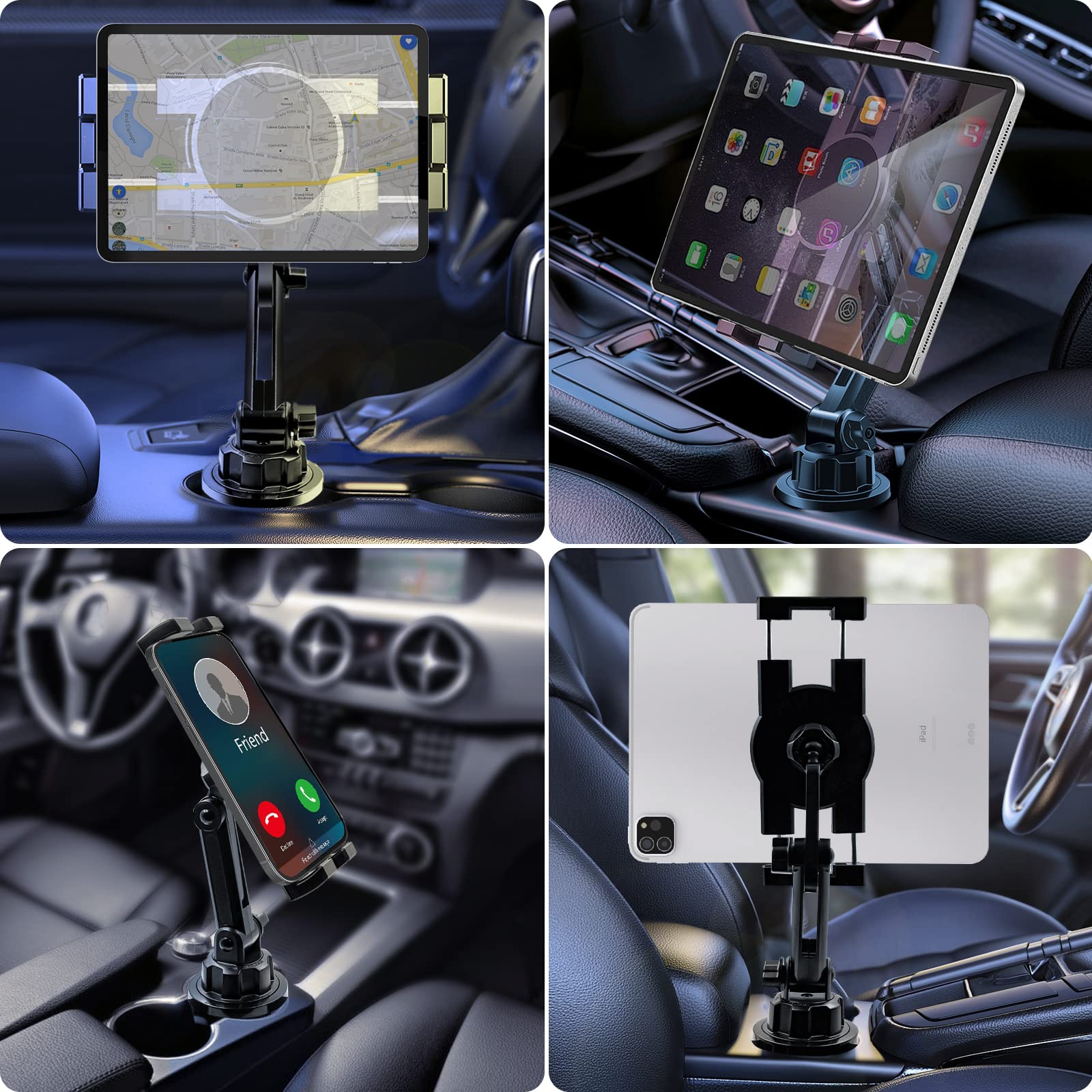 Car Cup Holder Tablet Mount Holder, 360° Adjustable Long 2-Arm Stand for iPad Pro 12.9/11/10.5/9.7/Air/Mini 6/5/4, Samsung Galaxy Tab/Z Fold 4/3, Amazon Fire HD, iPhone 14/Pro, 4.7-12.9" Tab & Phone