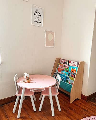 KidKraft Wooden Round Table & 2 Chair Set with Center Mesh Storage- Pink & White, 23.5 x 23.5 x 17.2