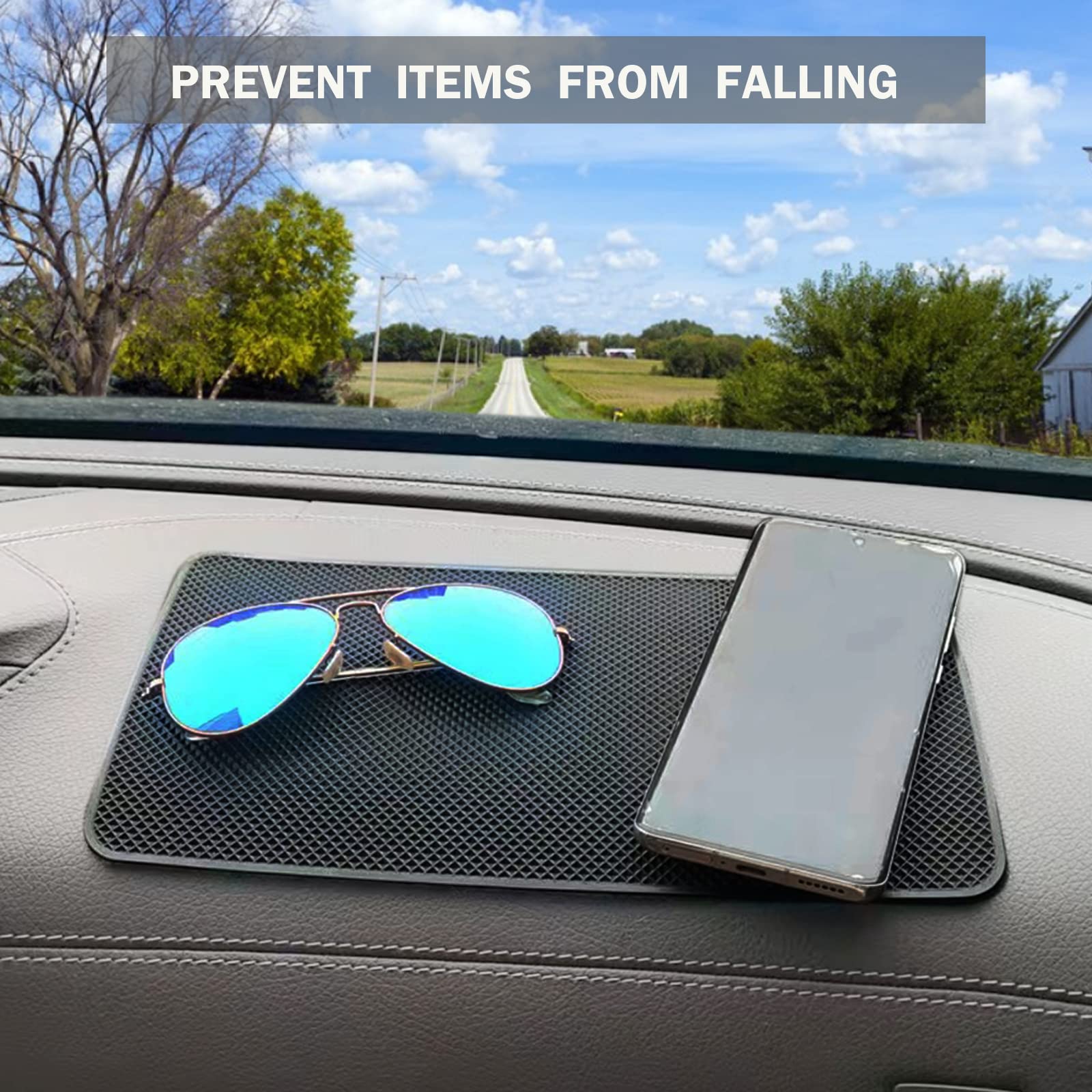 Car Dashboard Anti-Slip Rubber Pad, 10.6 x 5.9 Universal Non-Slip Car Magic Dashboard Sticky Adhesive Mat for Cell Phones, Sunglasses, Keys, Coins and More (Black/Grid)