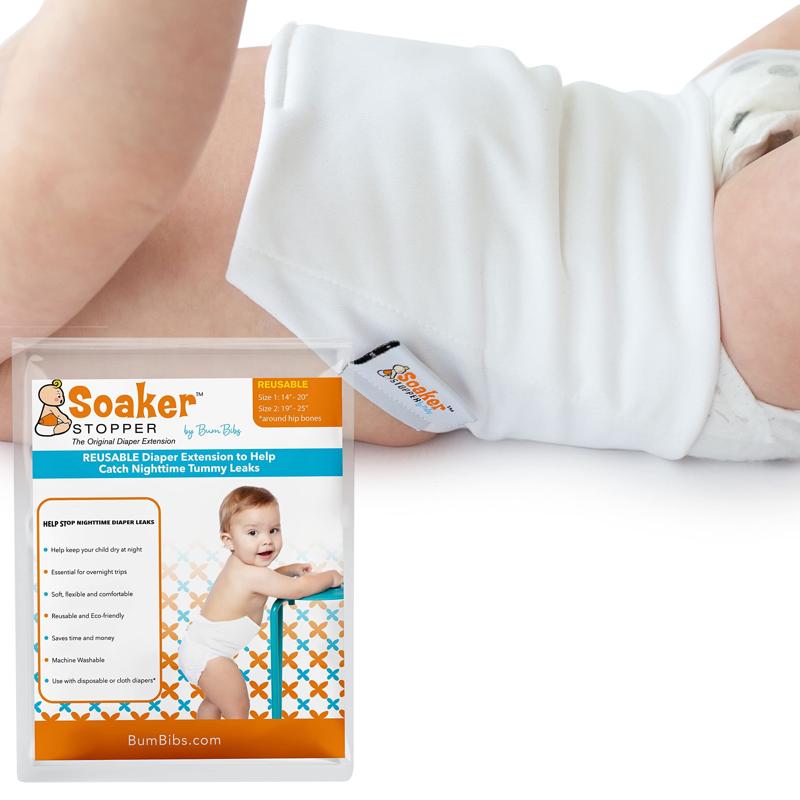 Soaker Stopper Diaper Extender - Washable & Reusable Diaper Extension for Disposable Diapers and Cloth Diapers | Leakproof Diaper Cover Prevent Nighttime Leaks (White, Size 1 (14-20 Inch Waist))