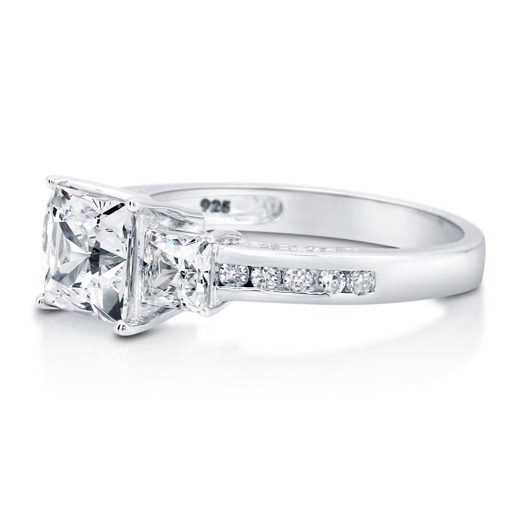 BERRICLE Sterling Silver 3-Stone Wedding Engagement Rings Princess Cut Cubic Zirconia CZ Promise Ring for Women, Rhodium Plated Size 7
