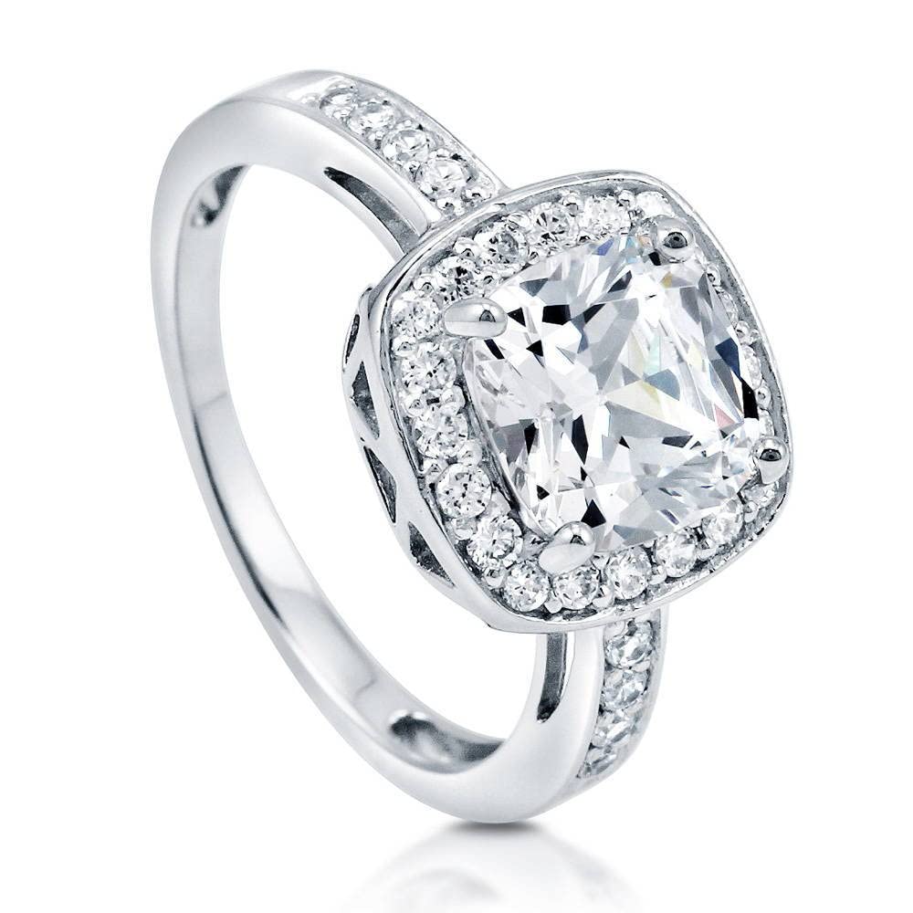 BERRICLE Sterling Silver Halo Wedding Engagement Rings Cushion Cut Cubic Zirconia CZ Ring for Women, Rhodium Plated Size 7
