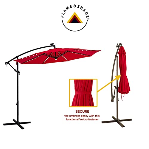 FLAME&SHADE 10 ft Cantilever Offset Solar Powered Outdoor Patio Umbrella with LED Lights and Cross Base Stand, Red