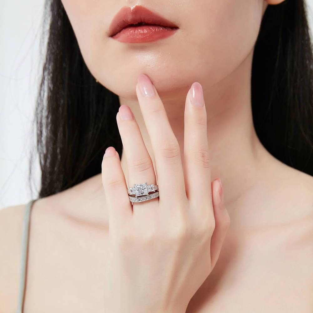 BERRICLE Sterling Silver 3-Stone Wedding Engagement Rings Princess Cut Cubic Zirconia CZ Ring Set for Women, Rhodium Plated Size 10