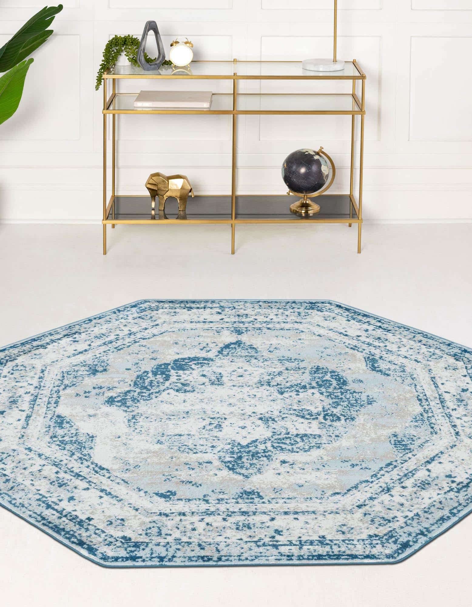 Rugs.com Monte Carlo Collection Rug β 4' Octagon Blue Medium Rug Perfect for Living Rooms, Kitchens, Entryways