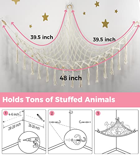 TCGPRO Stuffed Animal Storage - Stuffed Animal Hammock or Net Corner, Boho Stuffed Animal Holder with Tassels, Macrame Hanging Toy Organizer Ideas for Plush Display, Kids Room Bedroom Decor