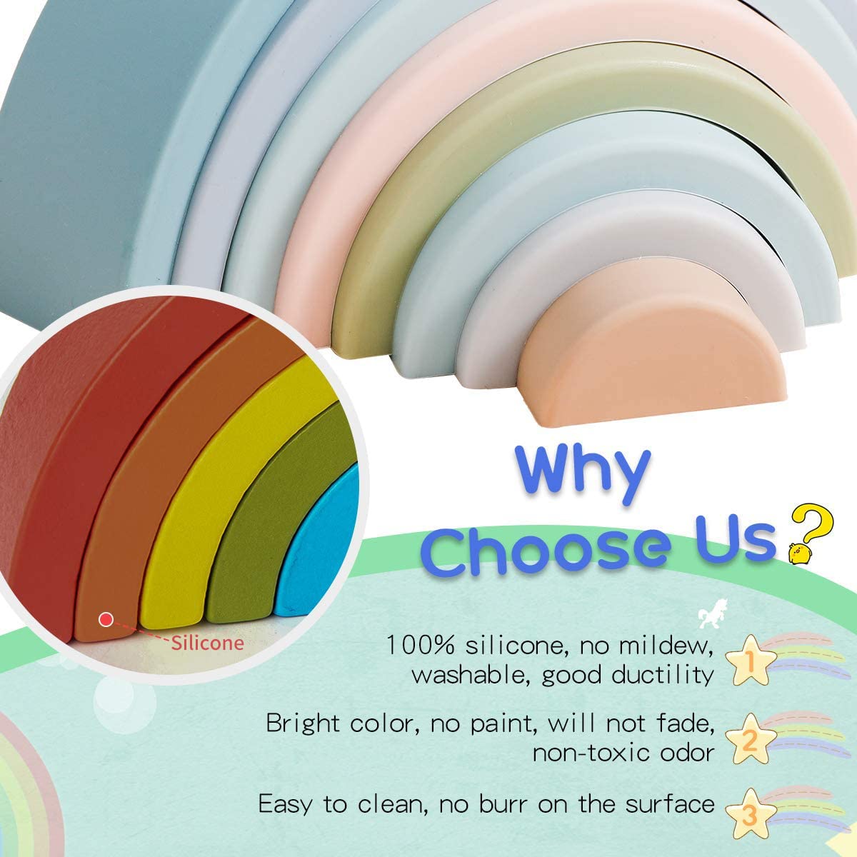 Macabaka Silicone Rainbow Stacker Nesting Puzzle Building Blocks Stacking Toys, Boho Baby Toys, 10 Pcs Educational Toys Learning Montessori Toys for Toddlers Kids, BPA-Free, Rainbow Series