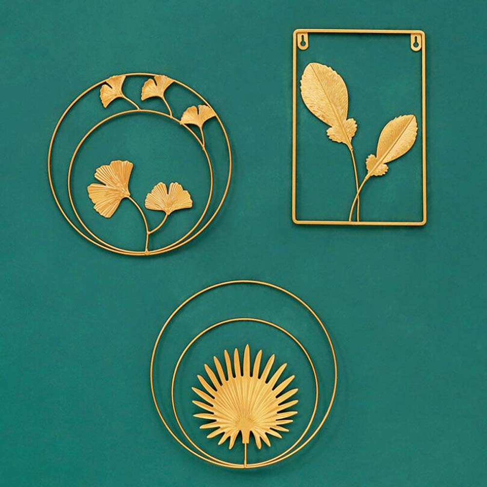 samanoya Iron Wall Sculptures,Metal Round Room Decor and Home Decor with Hanging Leaf Gingko Ornaments Great for Bedroom Hotel Wall Decoration (Gold（Round Square Suit）)