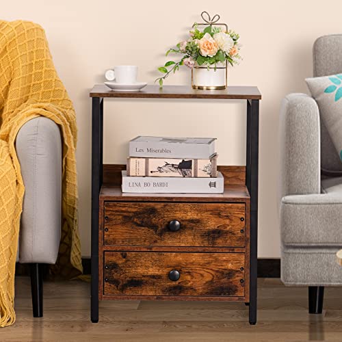 Lerliuo Nightstand, Side Table, Industrial Bedside Table with 2 Drawers and Open Shelf, Brown Night Stand, End Table with Steel Frame for Bedroom, Dorm, Brown/Black 23.6''H (Brown)
