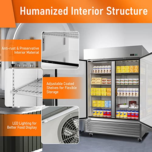HOCCOT Commercial Refrigerator 54” Two Solid Door Reach-In Cooler, Stainless Steel 2 Sections Air-cooled Refrigerator with Adjustable +33°F~+41°F Temp Range in LCD Display, 49 Cu.Ft for Restaurant