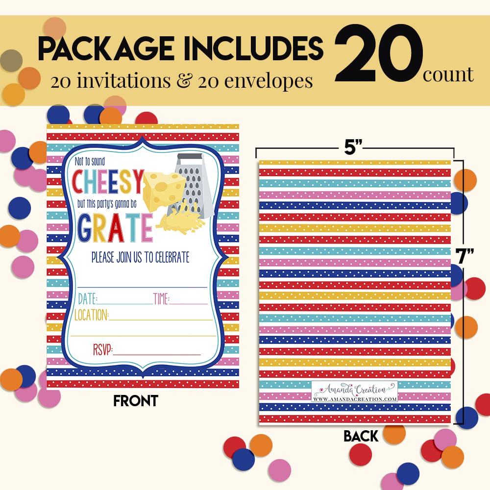 Cute & Silly Shredded Cheese Themed Birthday Party Invitations for Kids, 20 5x7 Fill In Cards with Twenty White Envelopes by AmandaCreation…