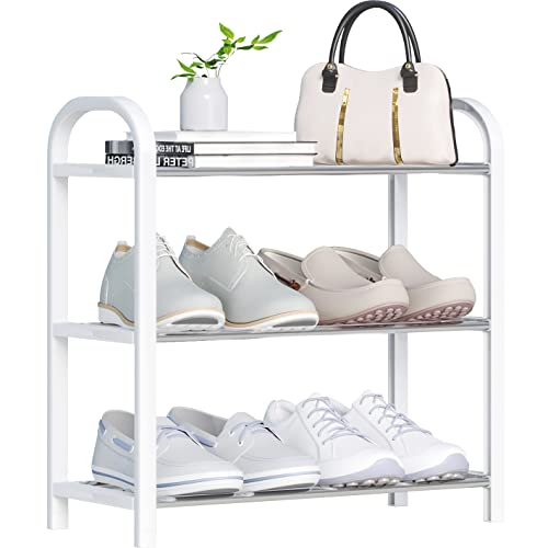 Hockmez 3-Tier Small Shoe Rack,Multifunctional Sturdy Lightweight Shoes Storage Organizer for Small Space, Free Standing Shoe Shelf for Closet Entryway Hallway Living Room (White)