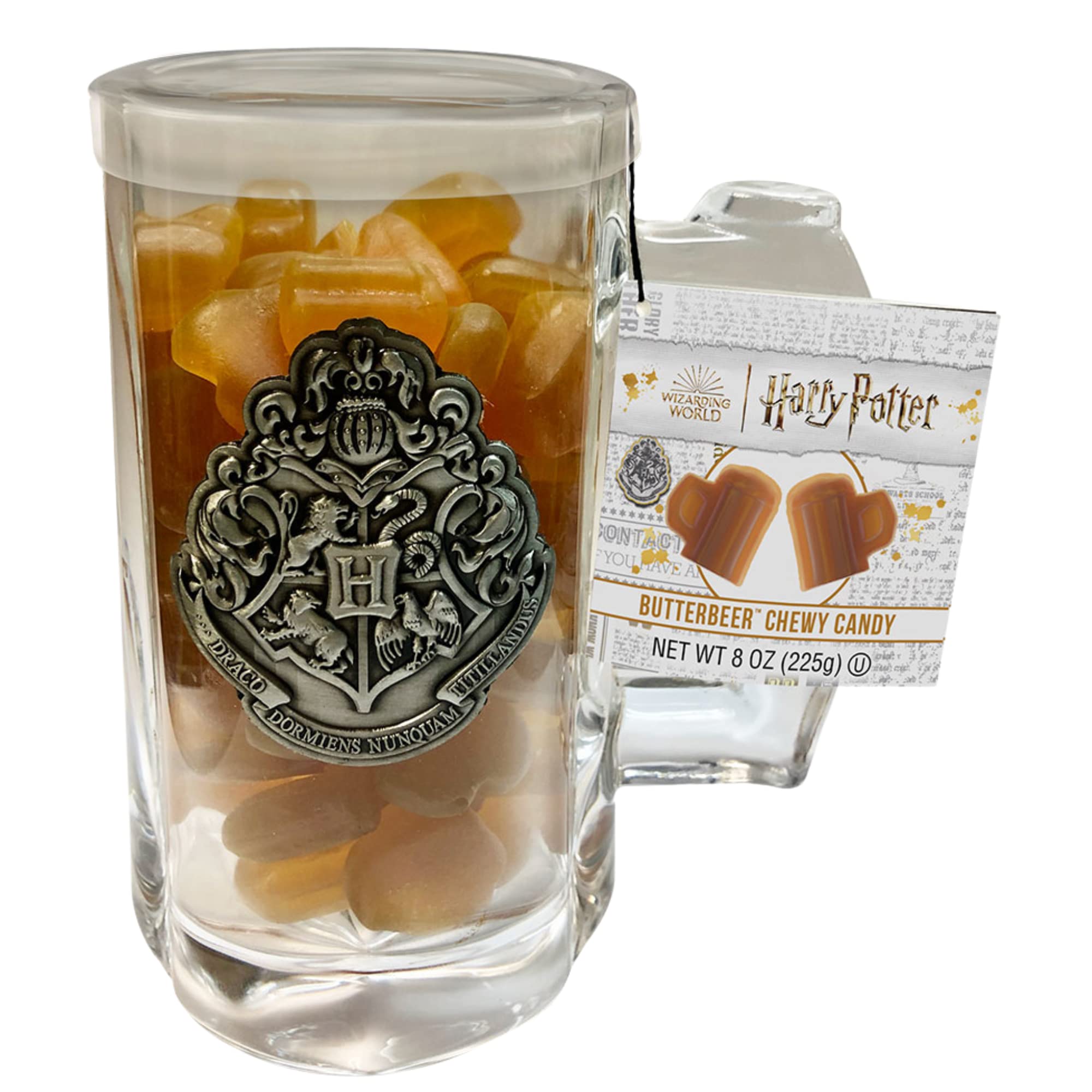 Harry Potter Glass Mug with Butter Beer Chewy Candies, Butterscotch Flavored Classic Movie Inspired Candy, 8 Ounce Glass