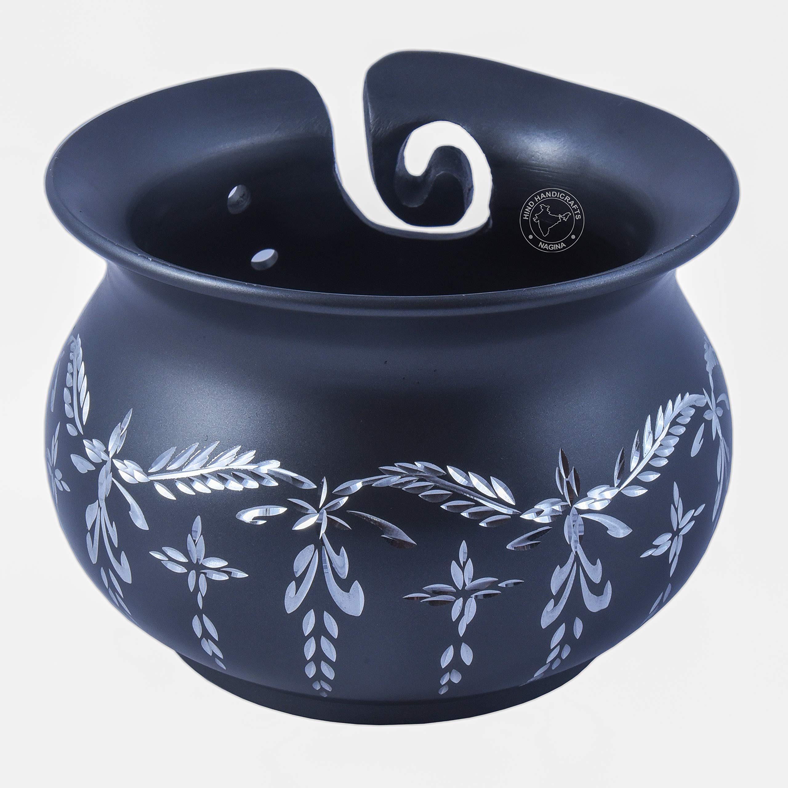Hind Handicrafts Premium Solid Handmade Silver Engraved Metallic Finish Aluminium Portable Yarn Storage Bowl - Holder for Knitting Crochet Hook Accessories (Matte Black, 6" x 6" x 4")
