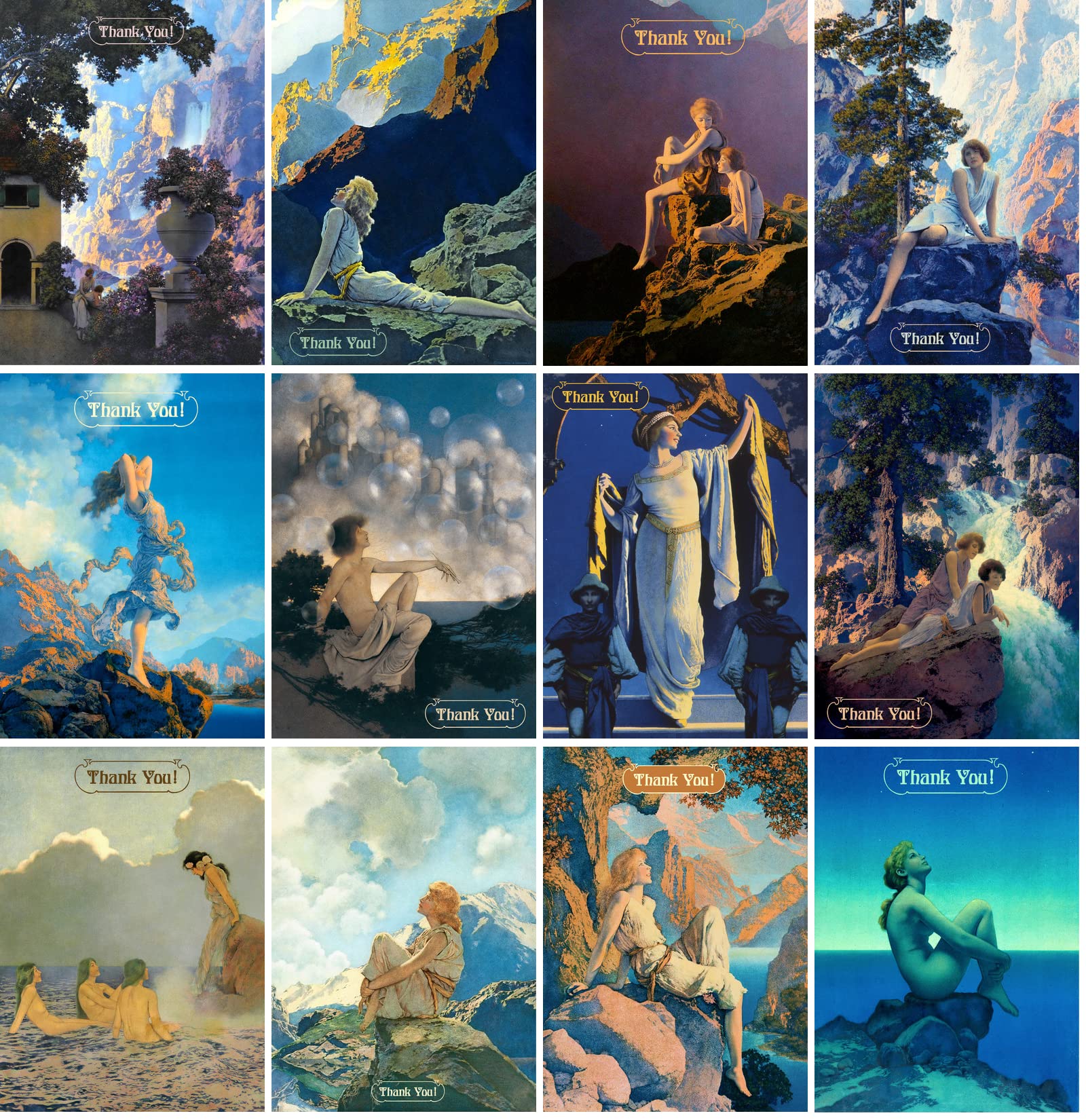 PIXILUV MAXFIELD PARRISH ~ 12 Thank You Cards with envelopes ~ ECSTASY LANDSCAPES Vintage Postcards and Book Illustrations by Maxfield Parrish Reprint