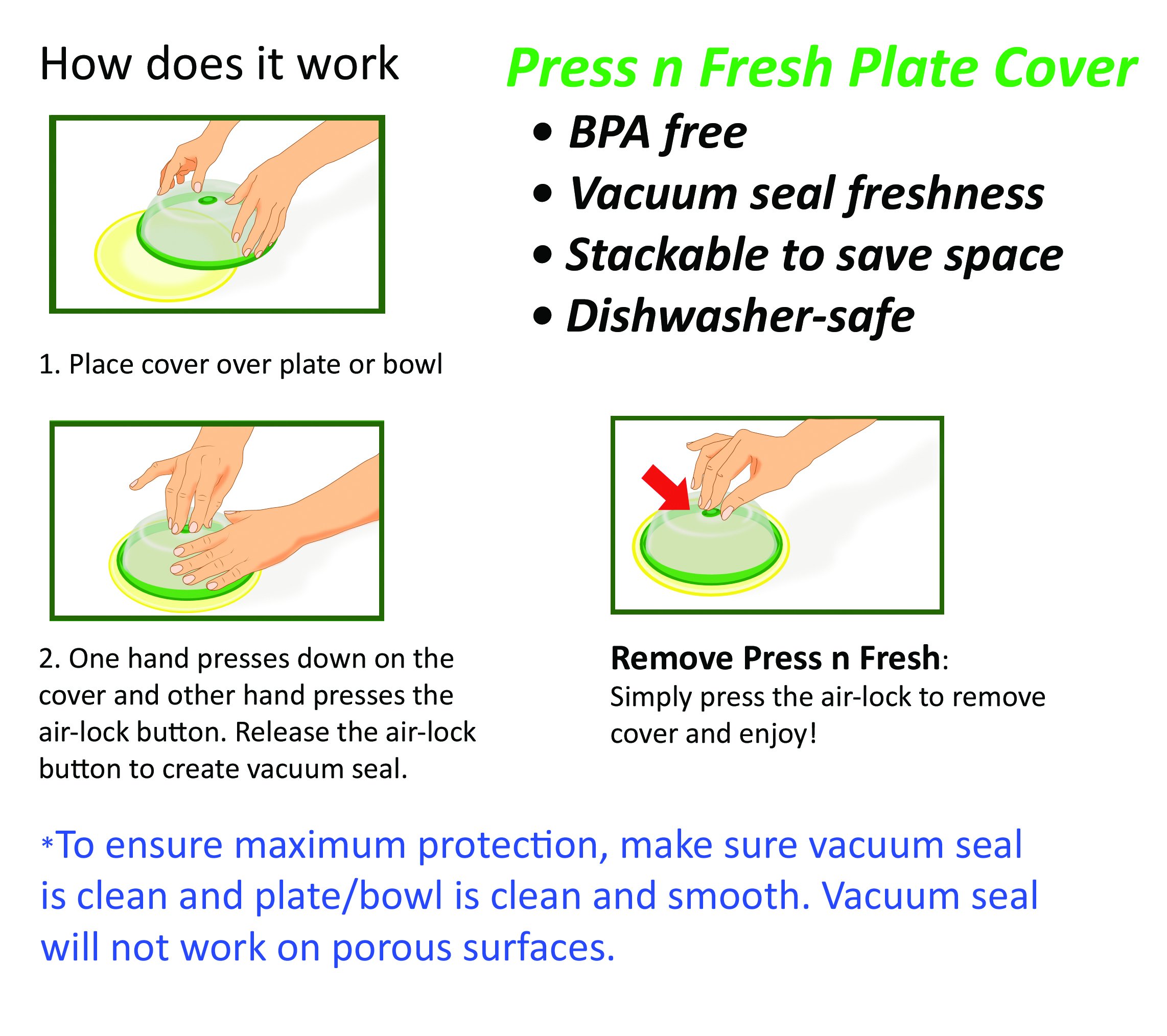 Press n Fresh Universal Vacuum Air-tight Food Sealer Container Plate Platter Lid Cover Topper Dome, Stackable, Dishwasher and BPA Free (9 & 7, Green)