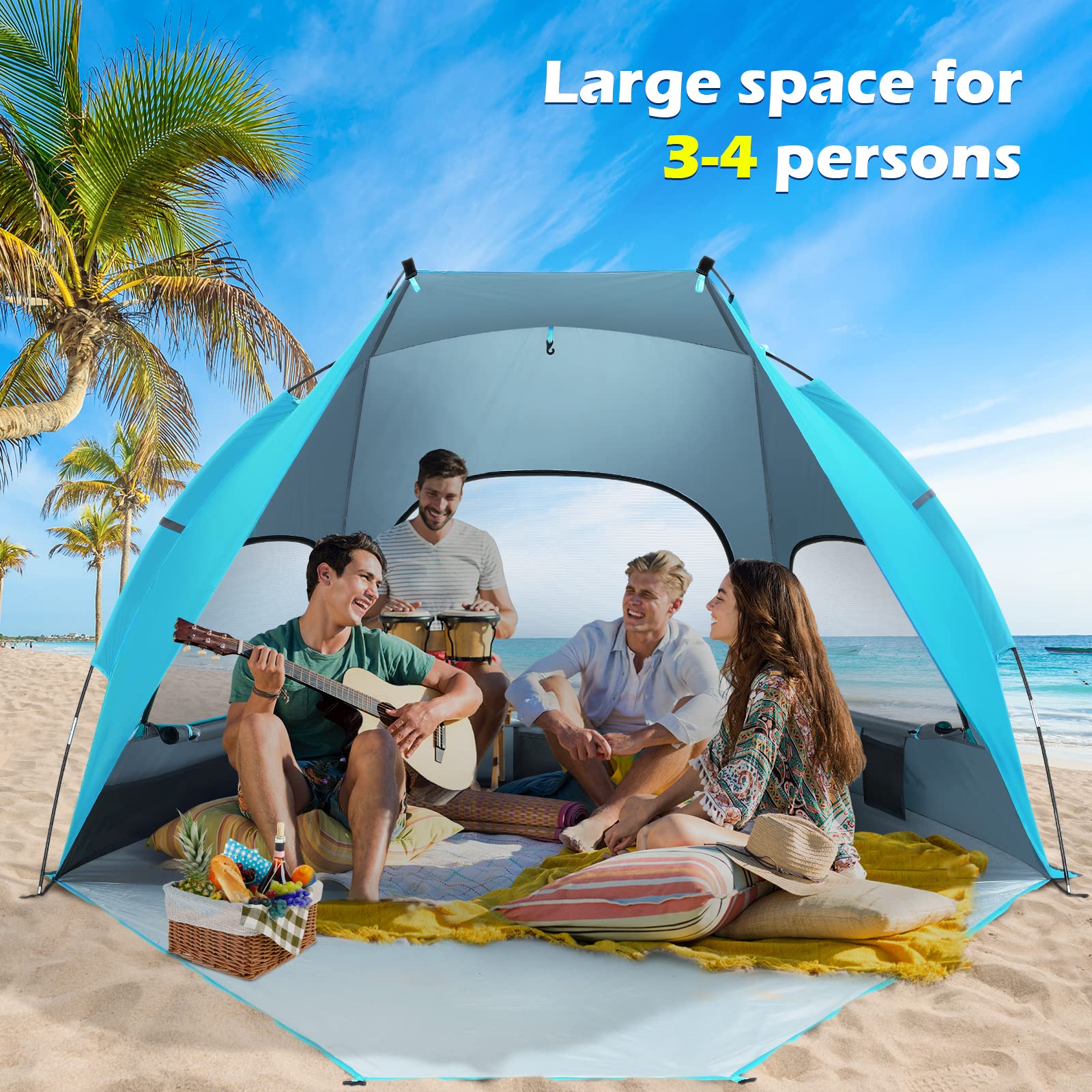 Beach Tent Sun Shade Shelter: 3-4 Person Large Anti-UV Windproof Portable Lightweight Tent Canopy Cabana with Extendable Floor Outdoor