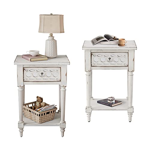 COSIEST End Table Sets of 2, Small Vintage Nightstand, Farmhouse Accent Table, Wood Grain Bedside Table with Mirrored Drawer and Open Display Shelf for Bedroom, Living Room, White
