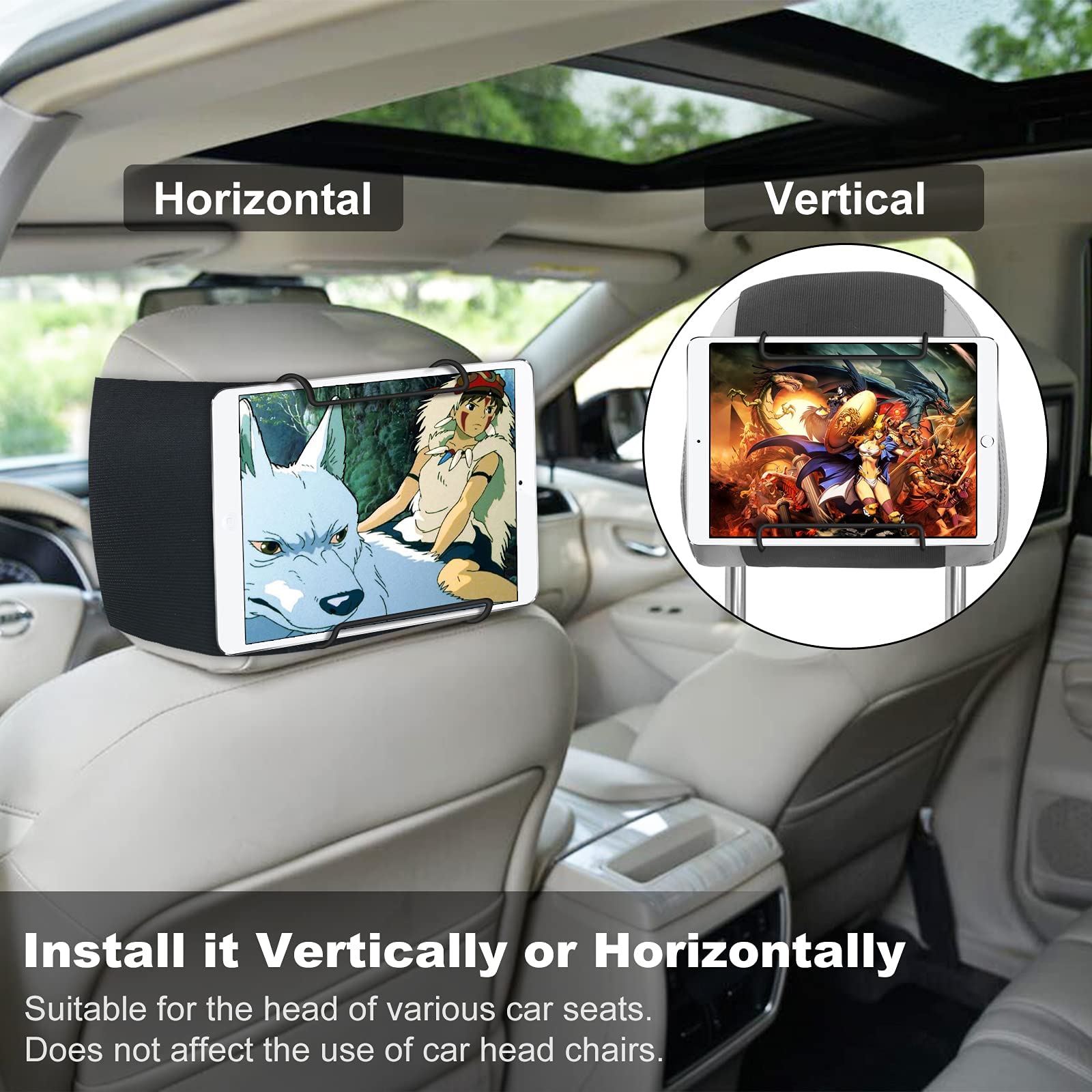 Car Headrest Mount Holder, Tablet Holder for Kids in Back Seats, with Adjustable Strap & Anti-Slip Silicone Holding Clamp, Fits All 10-12.9" Tablets