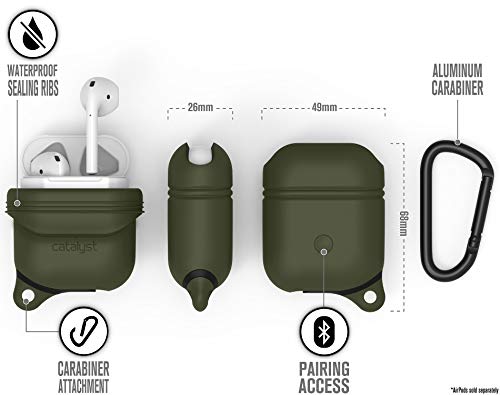 Waterproof Airpods Case 2 & 1 Cover by Catalyst, Shockproof and Drop Proof air pods Protective Cover Soft Skin, Carabiner, Silicone Sealing, Compatible Wireless Charging - Army Green
