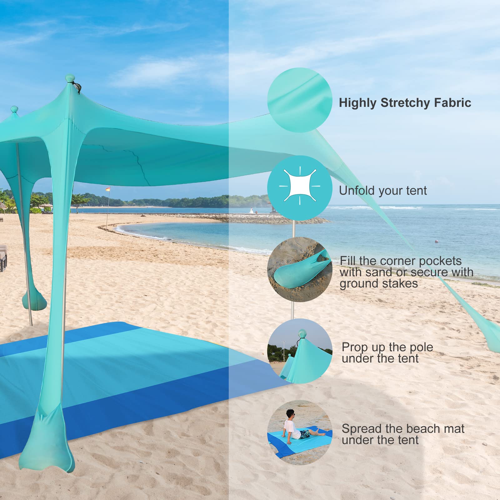 Beach Tent Sun Shelter,Beach Canopy Outdoor Beach Shade with Beach Blanket,UPF 50+ Sun Protection,for Beach,Camping,Picnic,Outdoor…