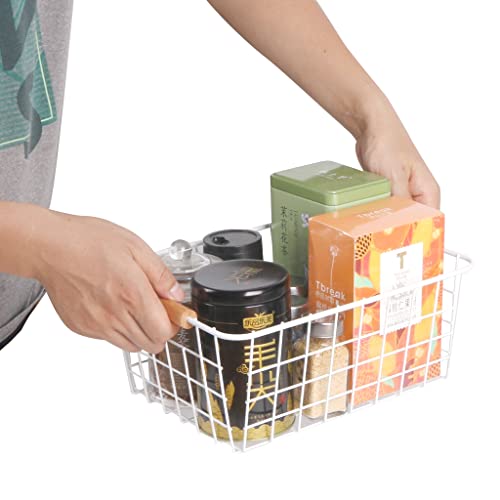 Fvstar 3pcs Wire White Baskets with Wooden Handles,Metal Storage Organizer Bins,Household Refrigerator Basket for Cabinets,Pantry,Shelf,Countertop,Closets,Bedrooms,kitchen