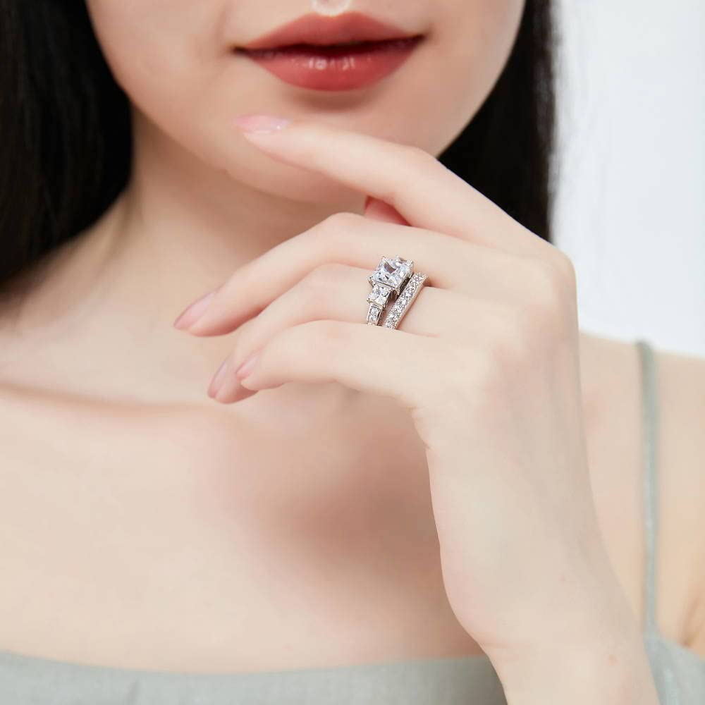 BERRICLE Sterling Silver 3-Stone Wedding Engagement Rings Princess Cut Cubic Zirconia CZ Ring Set for Women, Rhodium Plated Size 10
