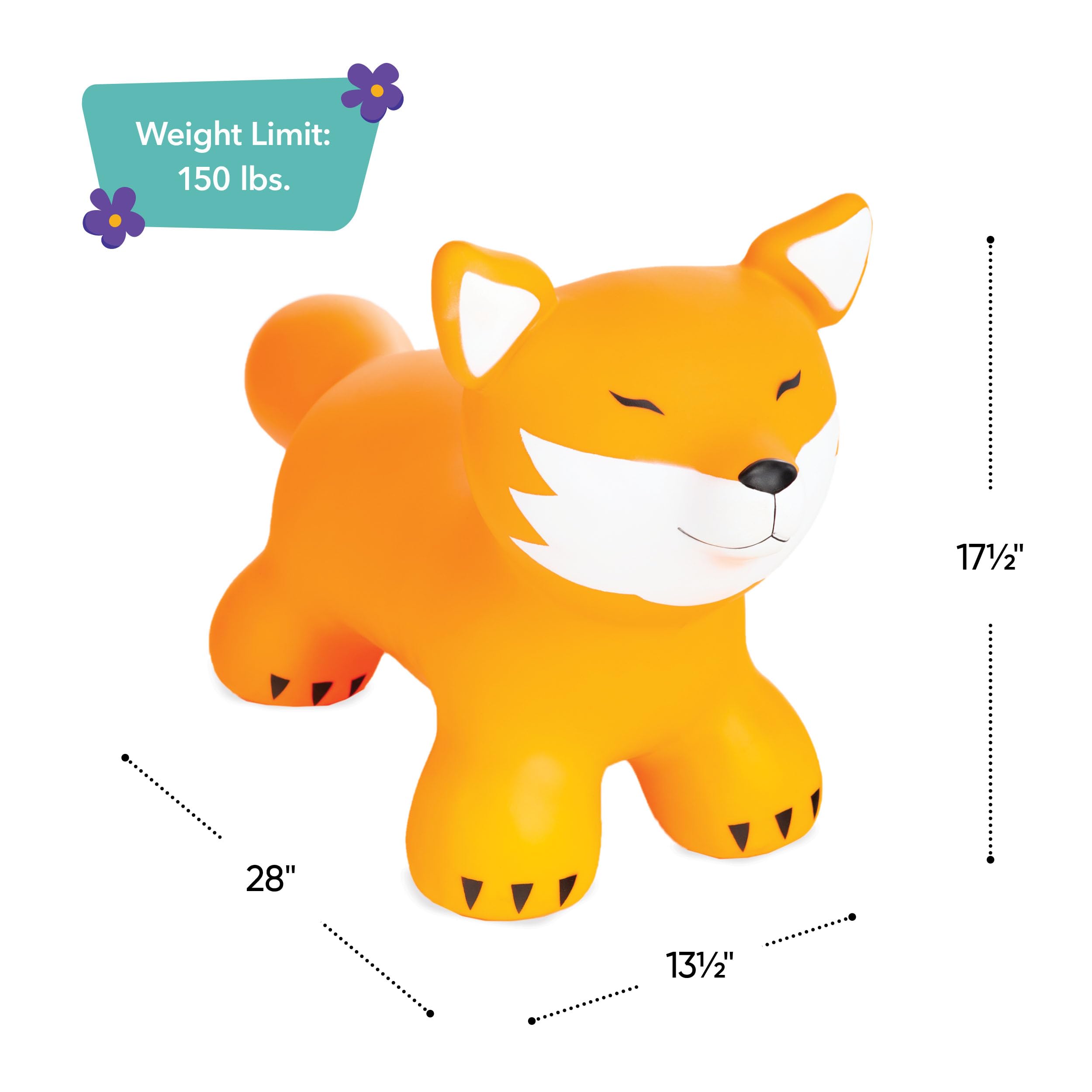 Hearthsong Bouncy Inflatable Animal Jump-Along, 28”L x 13.5”W x 17.5”H, Hand Pump Included, 150 lbs., Ages 12 Months and Up, Fox