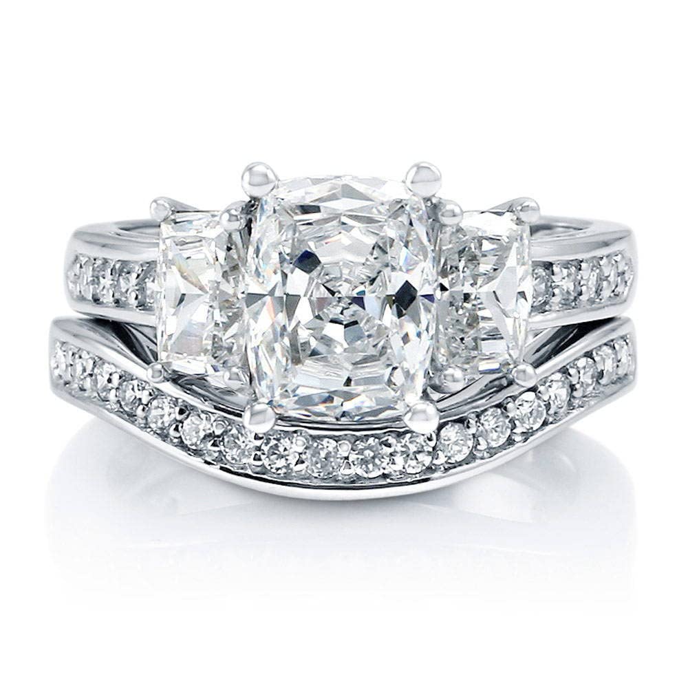 BERRICLE Sterling Silver 3-Stone Wedding Engagement Rings Cushion Cut Cubic Zirconia CZ Ring Set for Women, Rhodium Plated Size 7